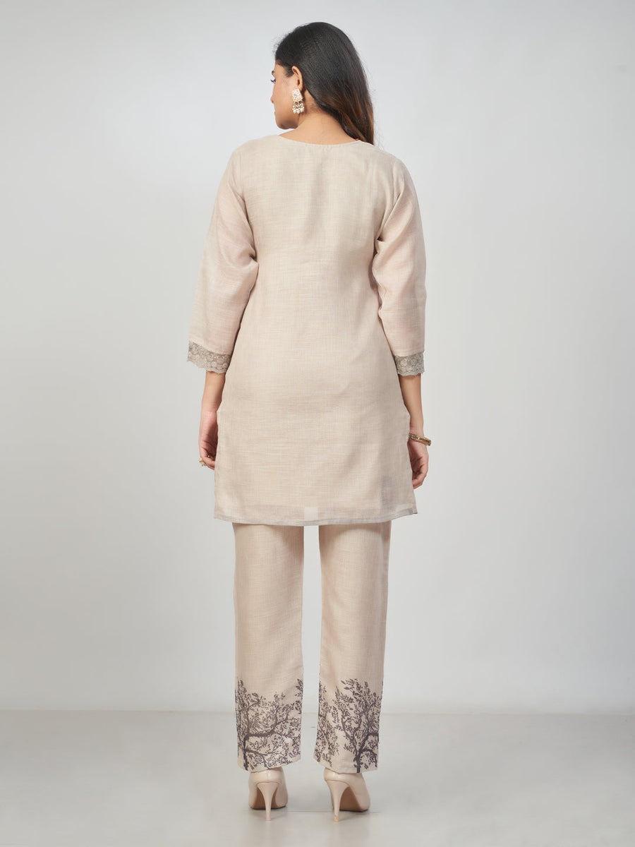 Amchoor Cream Slub linen Embroidered Co-ord Set for Womens
